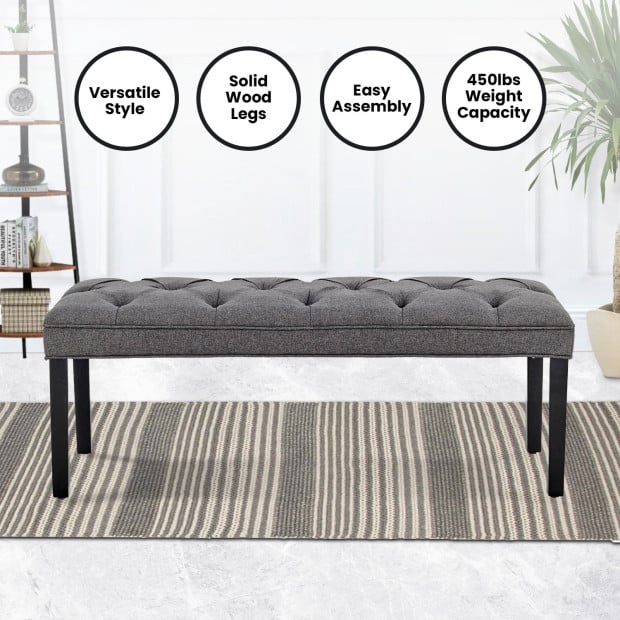 Cate Button Tufted Upholstered Bench with Tapered Legs by Sarantino Dark Grey