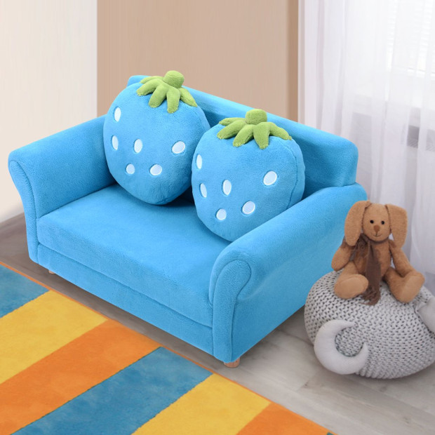 2-seat Kids Sofa Children Lounge Bed w/ 2 Cute Strawberry Pillows Blue