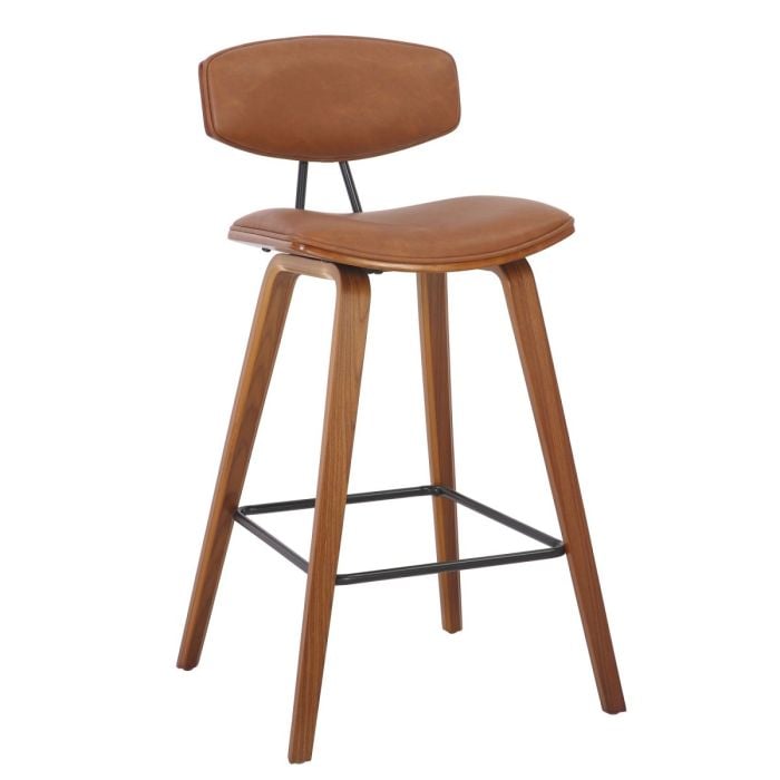 Retro Walnut Wood Tan Faux Leather Kitchen Bar Chair