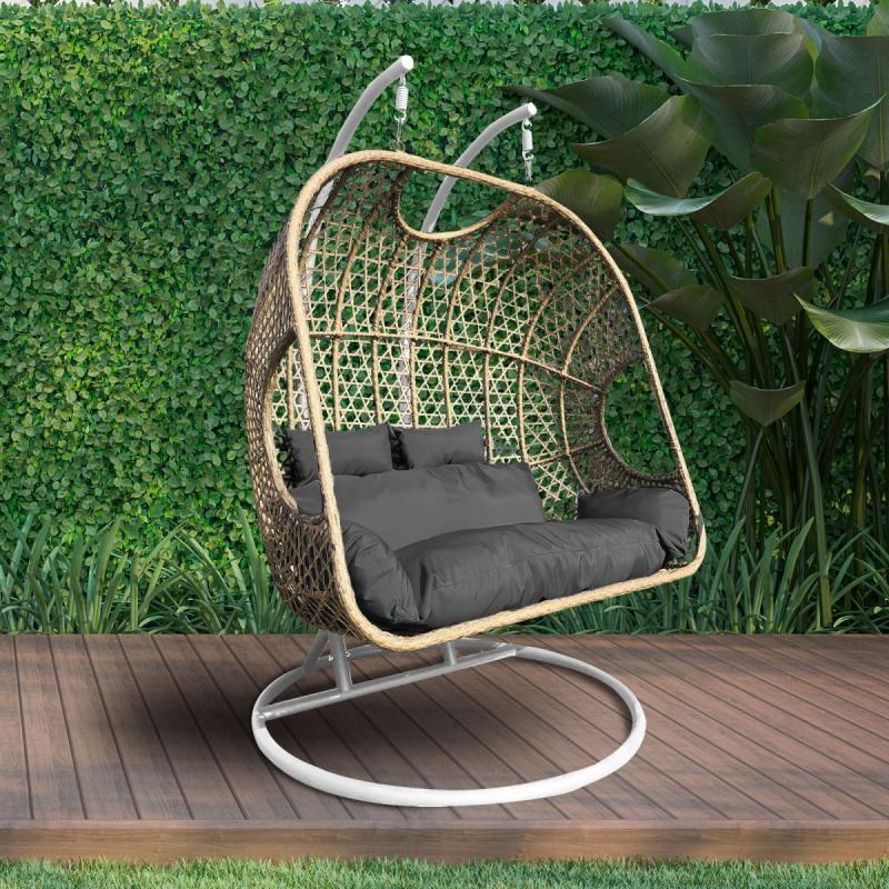 Furniture 2 Seater Rocking Egg Chair Outdoor Wicker - Oatmeal and Grey