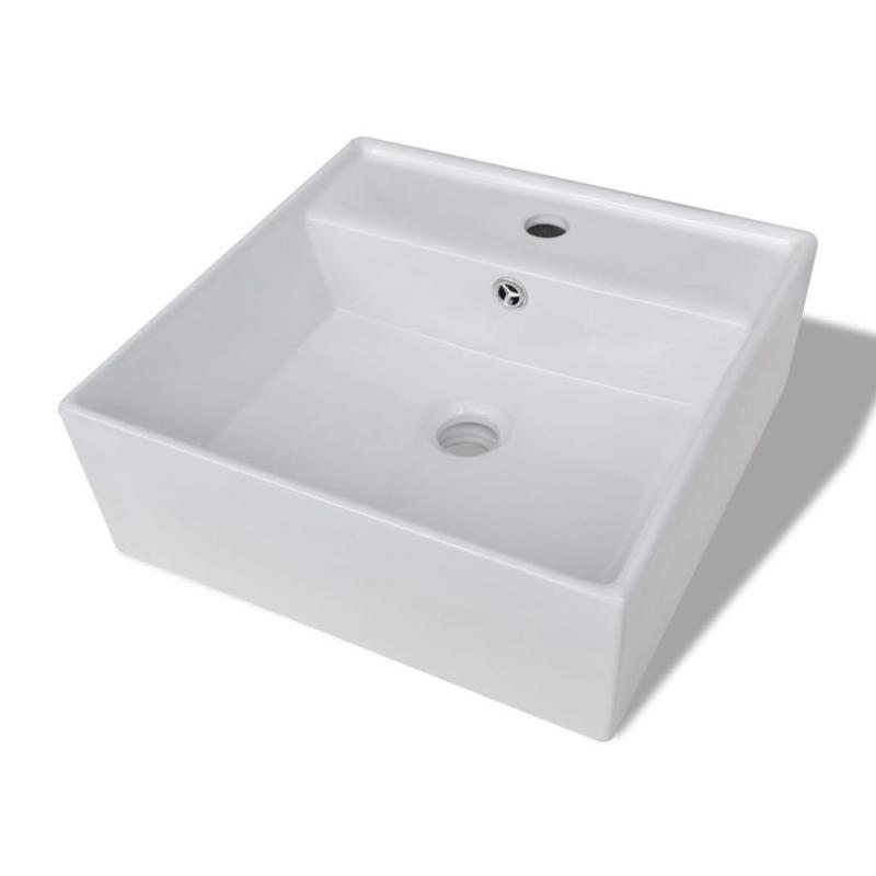 Ceramic Basin Square with Overflow and Faucet Hole 41 x 41 cm
