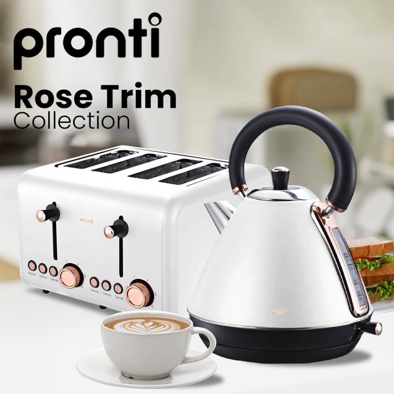 Pronti Rose Trim Collection Toaster & Kettle Bundle - White